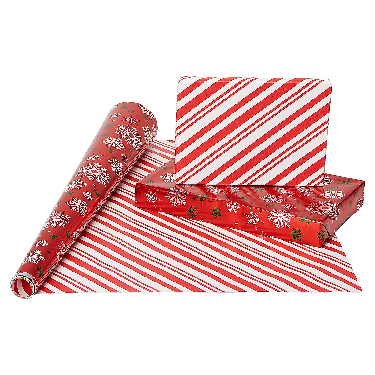 American Greetings Christmas Reversible Wrapping Paper Bundle, Polka Dots, Trees, Snowmen and Snowflakes (4 Rolls, 120 sq. ft.)