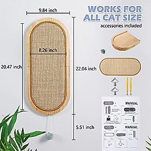 Litail Cat Wall Scratching Post, Sisal Cat Wall Scratcher with Cat Ball Toy, Floor/Wall Mount Cat Scratcher, Wood Cat Scratching Board for Couch Protector, Cat Wall Furniture for Cats (22in x 9.8in)