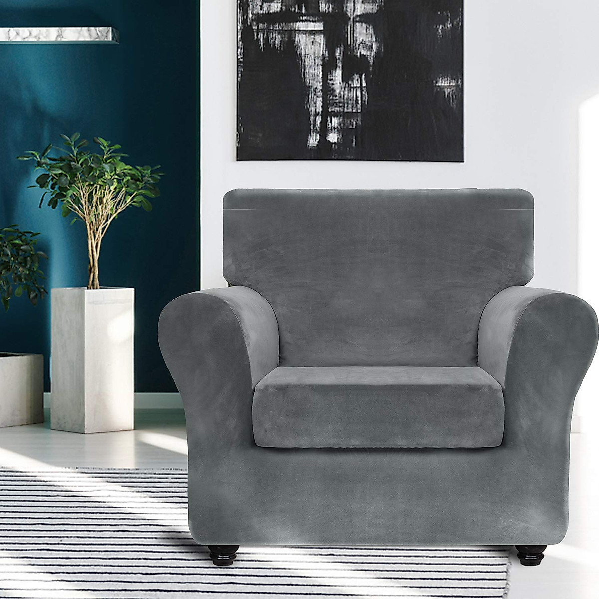 XYMHUN Velvet Armchair Covers 2 Pieces Chair Covers for Living Room Super Stretch Anti Slip Chair Slipcovers with Arms Dogs Pets Armchair Furniture Protector with Elastic Bottom (Grey, Chair)