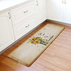 Sunflower Antifatigue Kitchen Bath Door Mat Cushioned Runner Rug,Washable Welcome Floor Sink Mat,Retro Letter Stamp Bee Sunshine Flower Waterproof Non-Slip Comfort Standing Doormat for Kitchen,20"x39"
