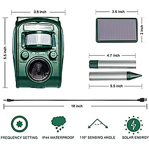 PESTGURU Solar Animal Repeller, 2022 Ultrasonic Mole Repellent, Rat, Squirrel, Deer, Raccoon, Skunk, Rabbit, Mole, Dog, Cat, Waterproof with Motion Detector, USB Rechargeable, Flashing Light (Green)