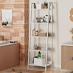 Furologee 5-Tier White Ladder Shelf, Ladder Bookshelf with Removable Drawer, Mordern Bookcase Storage Rack Organizer, Wood Metal Freestanding Storage Shelves for Living Room, Home Office, Bedroom