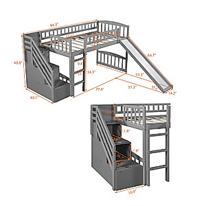 Harper & Bright Designs Twin Size Loft Bed with Slide and Stairway, Wooden Low Loft Bed with Storage for Kids Girls Boys (Gray)