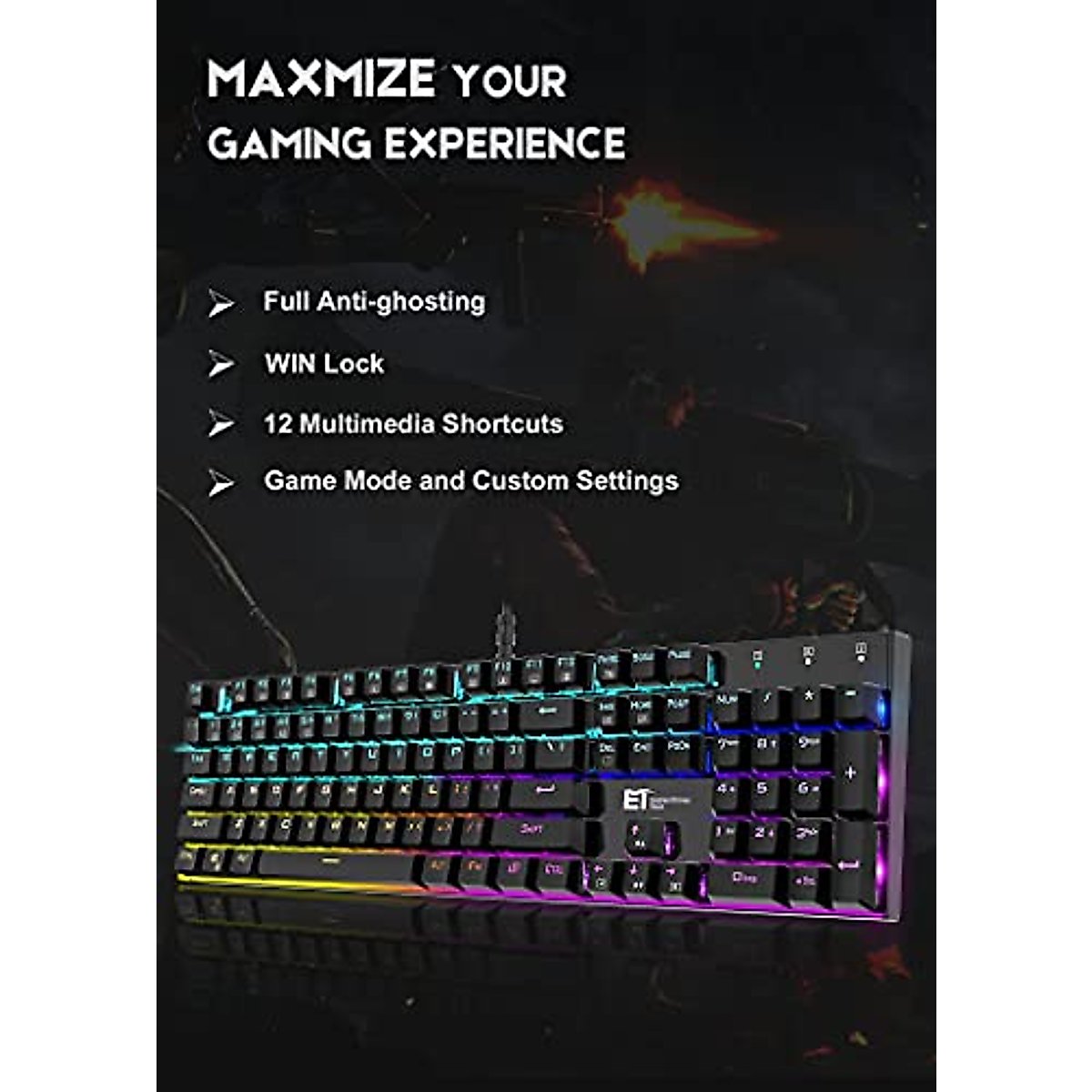 MIQ Mechanical Gaming Keyboard,Wired 104 Keys RGB Keyboard with Blue Switch, Programmable RGB Backlit for Windows Gaming PC
