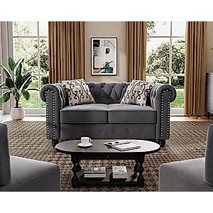 Morden Fort Classic Chesterfield Loveseat Set 60'', Tufted Loveseat Sofa Set with Solid Wood Legs Thick Cushion, Pet-Friendly 2-Seater Sofa Couch for Living Room Bedroom Apartment - Velvet Grey