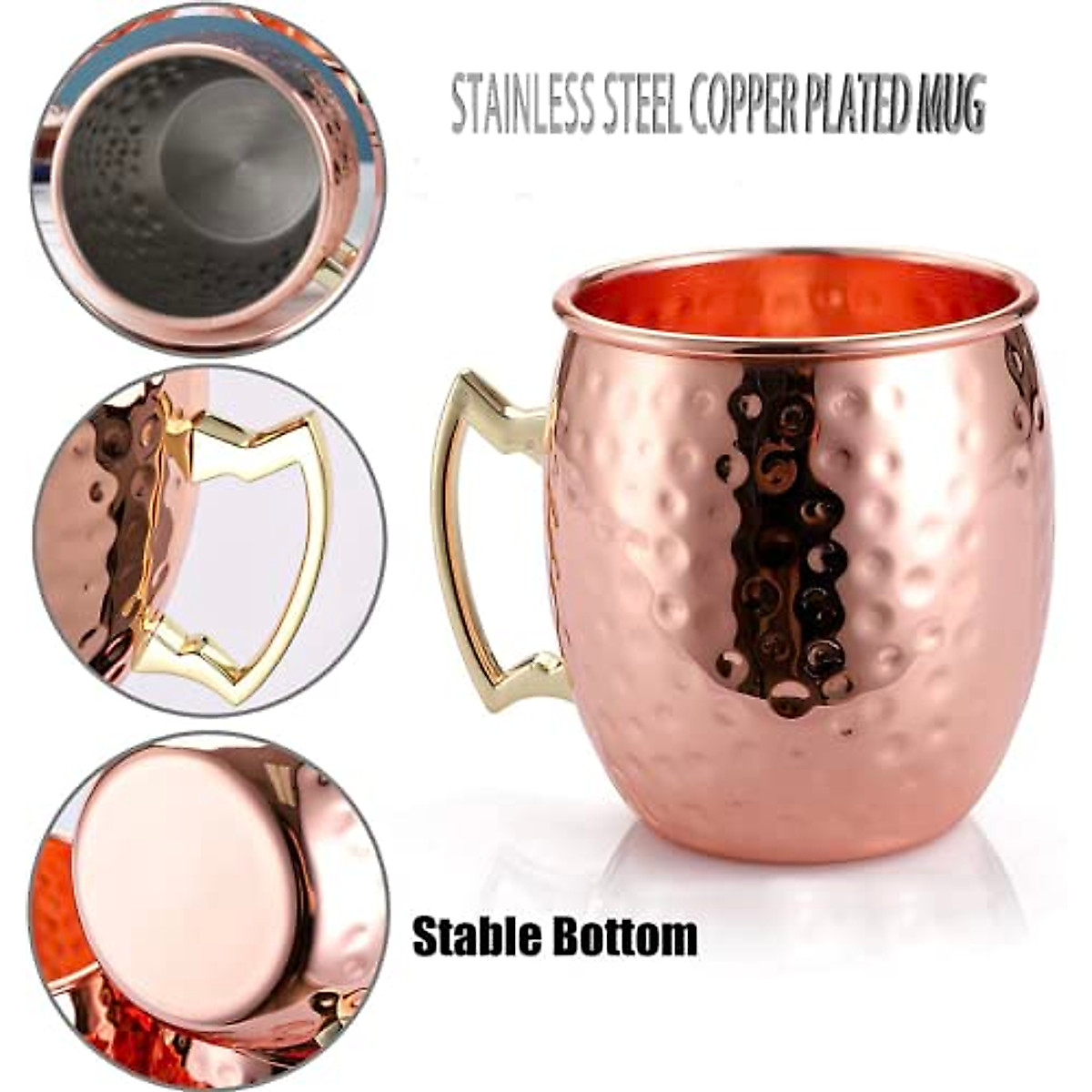 Copper Cure Moscow Mule Mugs | Large Size 19 ounces | Set of 4 Hammered Cups | Stainless Steel Lining | Pure Copper Plating | Gold Brass Handles Gift Pack