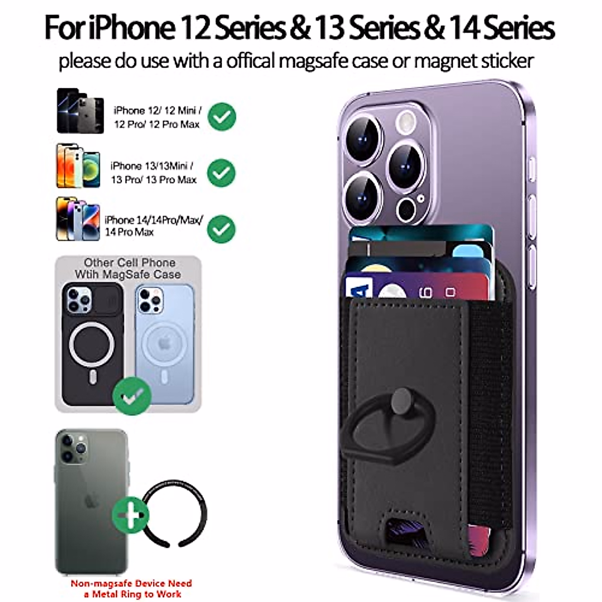 WUOJI Magnetic Card Wallet Holder for Magnetic, Secure Magnetic Card Holder with Phone Grip & Kickstand for Magnetic Leather Wallet for Back of iPhone 14/13 and 12 Series (PU Black)