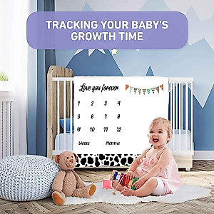 PHMOJEN Cow Milestone Blanket for Baby Boy, Farm Animals Cow Print Photography Background Newborn First Year Growth Blanket for Baby Pictures Include 4 Frames and 1 Headband 48"x40" BTYYPH46