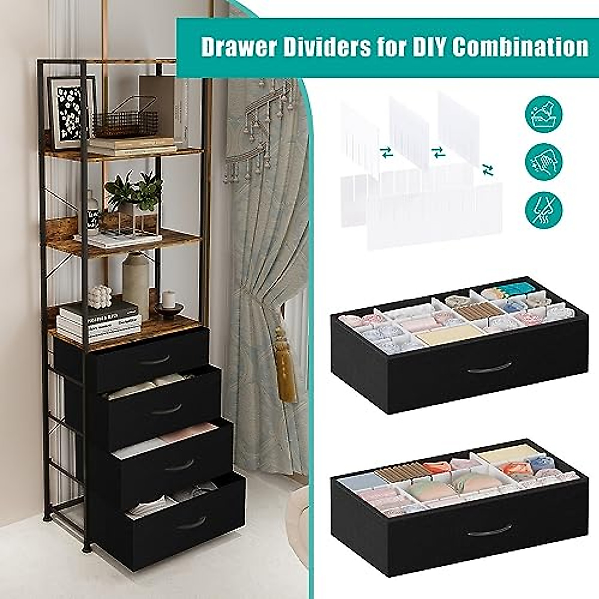 VASICAR 4-Tier Tall Bookshelf with 4 Drawers, Multifunctional Open Bookcase, Storage Shelf Dresser for Living Room, Office, Bedroom, Kitchen, Free Drawer Divider (Black)