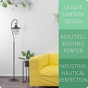 Kira Home Lantern 58" Industrial Nautical Floor Lamp + 6W Bulb (Energy Efficient / Eco-Friendly), Hanging Shade Design + Cage, Brushed Pewter Finish