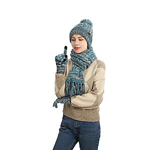 3 in 1 Winter Beanie Hat Neck Warm Scarf and Touch Screen Gloves Set for Women and Men,Knit Cap Set