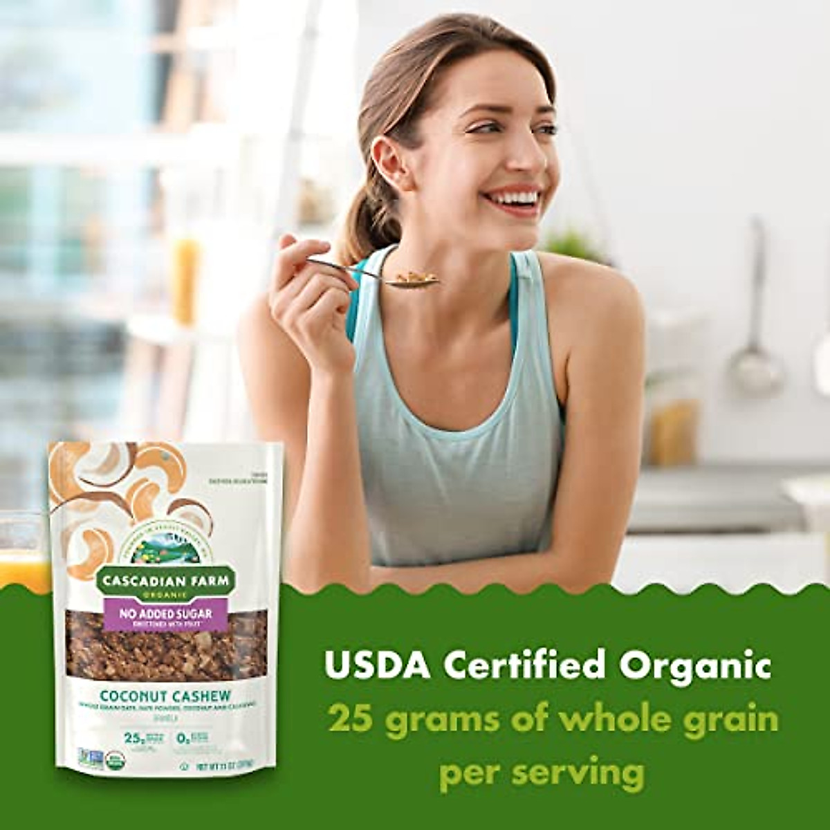 Cascadian Farm Organic Granola with No Added Sugar, Coconut Cashew Cereal, Resealable Pouch, 11 oz.