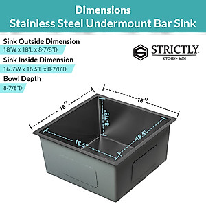 Strictly Sinks Undermount Gunmetal Black Bar Prep Sink – 18 Inch Single Bowl 16 Gauge Stainless Steel Designer Shelf Accessory – Tight Radius Corners Kitchen/Bar Basin With Drain Kit