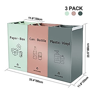 JIALAI HOME Separate Recycling Waste Bin Bags for Kitchen Home - 42 Gallon Recycling Bins (Pink, Green, Gray) Waste Trash Sorting Organizer, Reusable Waterproof, Pack of 3 Bags