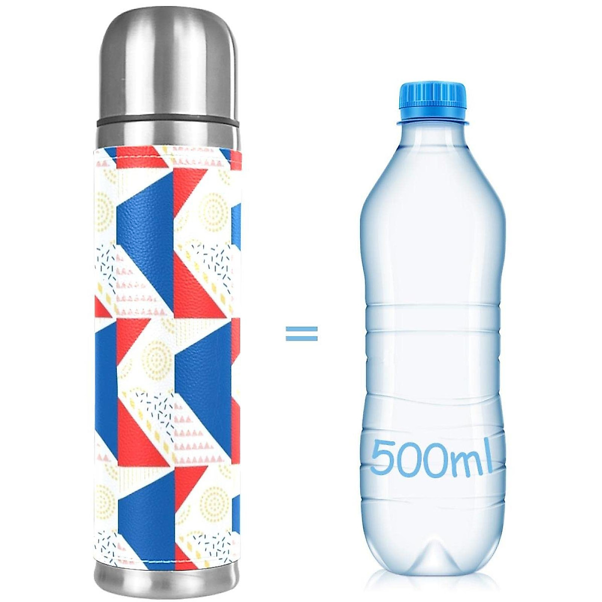 Stainless Steel Leather Vacuum Insulated Mug Geometry Thermos Water Bottle for Hot and Cold Drinks Kids Adults 16 Oz