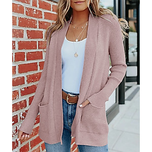 MEROKEETY Women's 2025 Fall Open Front Waffle Knit Cardigan Long Sleeve Cozy Knit Sweaters with Pockets, Dustypink, Medium