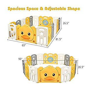 HONEY JOY Baby Play Yard, 16 Panel Psyduck Foldable Baby Gate Playpen, Anti-Slip Rubber Base & Suction, Indoor Safety Baby Fence for The House, Extra Large Anti-Fall Play Pen for Toddler