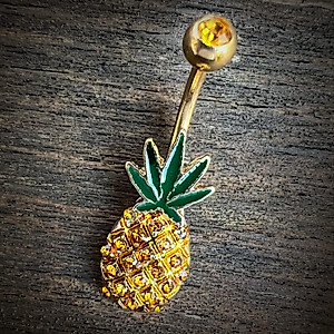 Pierce2GO Gold Pineapple & Weed Marijuana Belly Button Ring - 14G Surgical Steel Pineapple Belly Button Ring - Belly Button Rings Piercing for Women – 7/16”