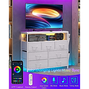 CollaredEagle 7 Drawer Dresser with Charging Station, TV Stand Fabric Storage Tower for Bedroom,Storage Drawers with LED, Wooden Top for TV up to 43 inch, for Bedroom, Living Room, Entryway, White