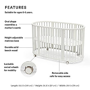Stokke Sleepi Bed, White - Oval Crib Suitable for Ages 0-5 Years Old - Adjustable, Stylish & Flexible - Sturdy Beech Wood Frame