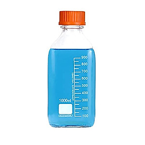 Pastein 4 Pack 1000 mL Graduated Square Reagent Media/Storage Glass Bottle With GL45 Orange Polypropylene Screw Cap