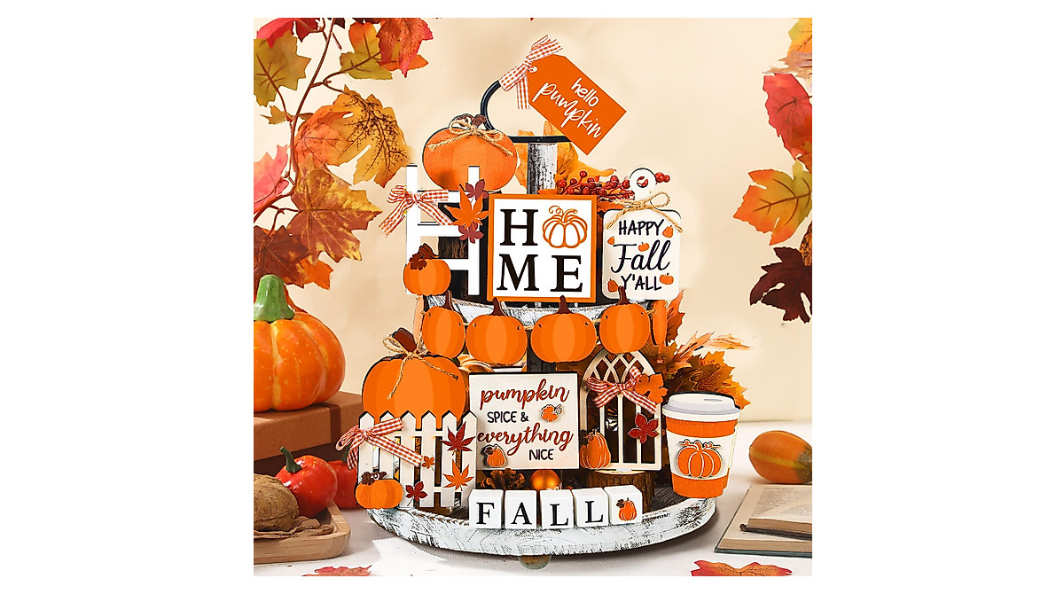 Fall Tiered Tray Decor Set - 15 Pumpkins & Autumn Signs for Home