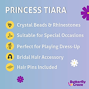 Butterfly Craze Princess Crown Comb Mini Tiara for Kids - Ideal for Wedding Entourage like Flower Girls, Add a Touch of Royalty to Your Child's Birthday Party, Perfect for Dress Up, Pretend Play