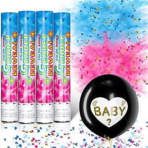 Gender Reveal Powder Confetti Cannon and Confetti Balloon-100% Safe Biodegradable Boy or Girl Confetti Smoke Cannons- Baby Shower Poppers Party Ideas and Supplies (2 Pink, 2 Blue and 36'' Balloon)