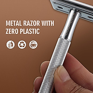 KINGHOOD Copper Double Edge Safety Razor with 10 Razor Blades, Long Handle & Weighted Razor, Single Blade for Sensitive Skin
