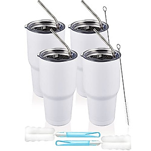 COMOOO 30oz White Tumbler Stainless Steel Insulated Tumbler with Lid and Straw Double Wall Vacuum Coffee Cup Large Travel Mug for Hot and Cold Drinks, Home, Office, School,Party (White, 4 Pack)