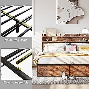 IRONCK Full Size Bed Frame with Bookcase Headboard with Charging Station, Mattress Foundation/No Box Spring Needed, Non-Slip Without Noise, Vintage Brown