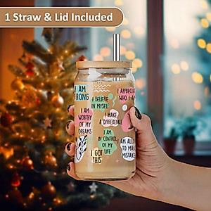 LEADO My Daily Affirmations Cups, 16 oz Glass Cups with Lids and Straws - Mental Health Gifts, Mindfulness Gifts, Inspirational Gifts for Women, Christmas, Birthday Gifts for Female Friends