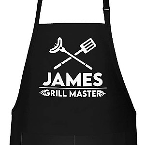 Apron For Men - Customized With Name, Grill Master - Personalized Gift For Dad - Adjustable Size Fits M-3XL - BBQ Apron with 2 Pockets - Grill Gift for Men (GrillMaster Design)