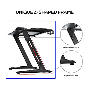 EUREKA ERGONOMIC Computer Desk, Gaming Desk with LED Lights 44.5 inch, Home Office Z Shaped Gaming Computer Desk Table with Mouse Pad Headset Hook Controller Stand Cup Holder, Black