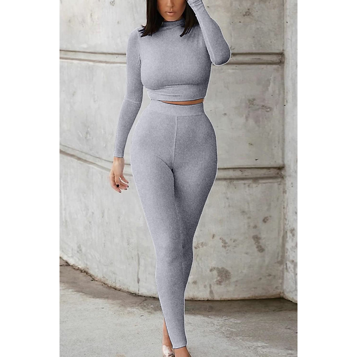 Mulisky 2 Piece Outfits for Women Long Sleeve Crop Top Sweatsuit Tracksuit Long Pants Set Sports Jumpsuit Grey L