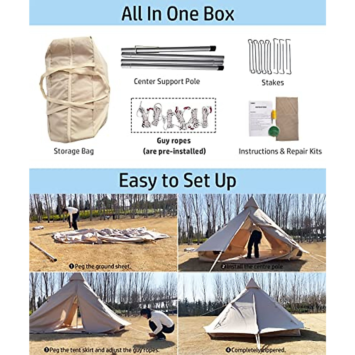 Baralir Outdoor Camping Tent Oxford Bell Tent Safari Tents Yurt Tent for Family with Cool Ventilation Mosquito Net Doors & Windows, Also Great for Winter with Zipper Full Closed