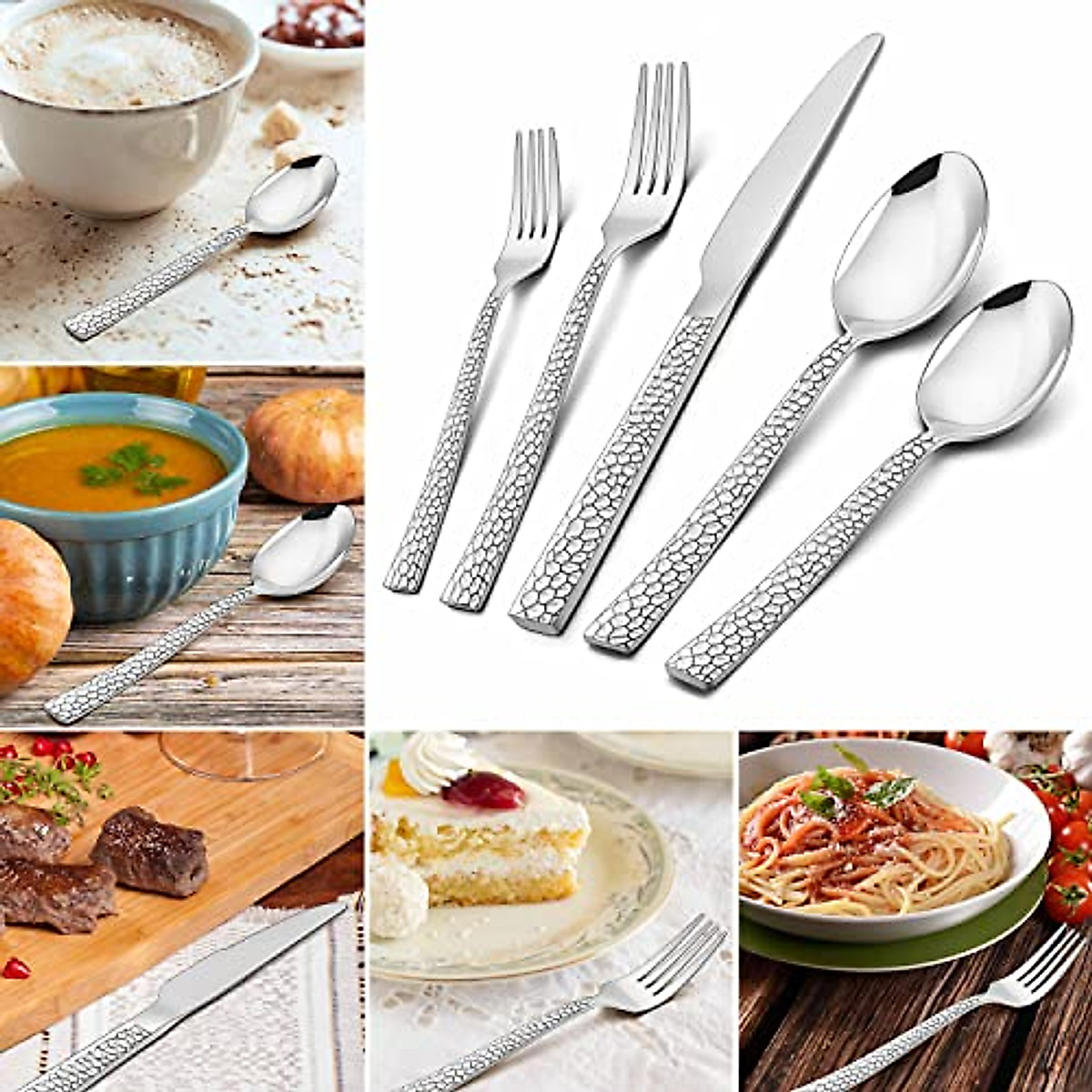 Herogo Stainless Steel Hammered Square Silverware Set for 4, 20-Piece Fancy Flatware Cutlery Set, Metal Tableware Eating Utensils Set for Home Restaurant Wedding, Dishwasher Safe