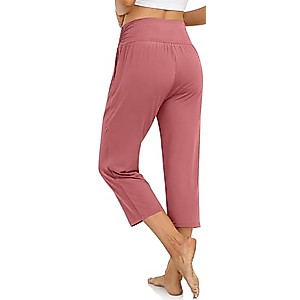 UEU Women's Elastic High Waist Capri Plus Casual Summer Loose Fit Wide Leg Yoga Pants Maternity Lounge Capris Sweatpants Pockets(DustyRose,2XL)