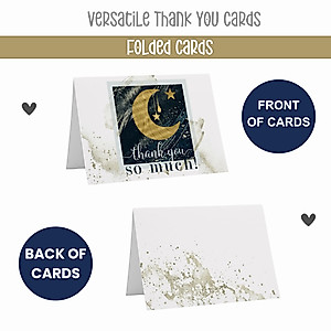 Paper Clever Party Star and Moon Thank You Cards with Envelopes - 25 Pack - Cosmic Design for All Occasions: Showers, Weddings, Graduations & Everyday Essentials - Folded Navy and Gold Set