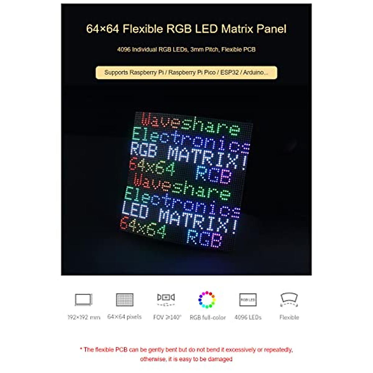 Coolwell Flexible RGB LED Matrix Panel Full-Color 64×64 for Raspberry Pi 4B+ 4B 3B+ 3B 2B+ Zero W WH Pico ESP32 Ardui 3mm Pitch Adjustable Brightness and Bendable PCB