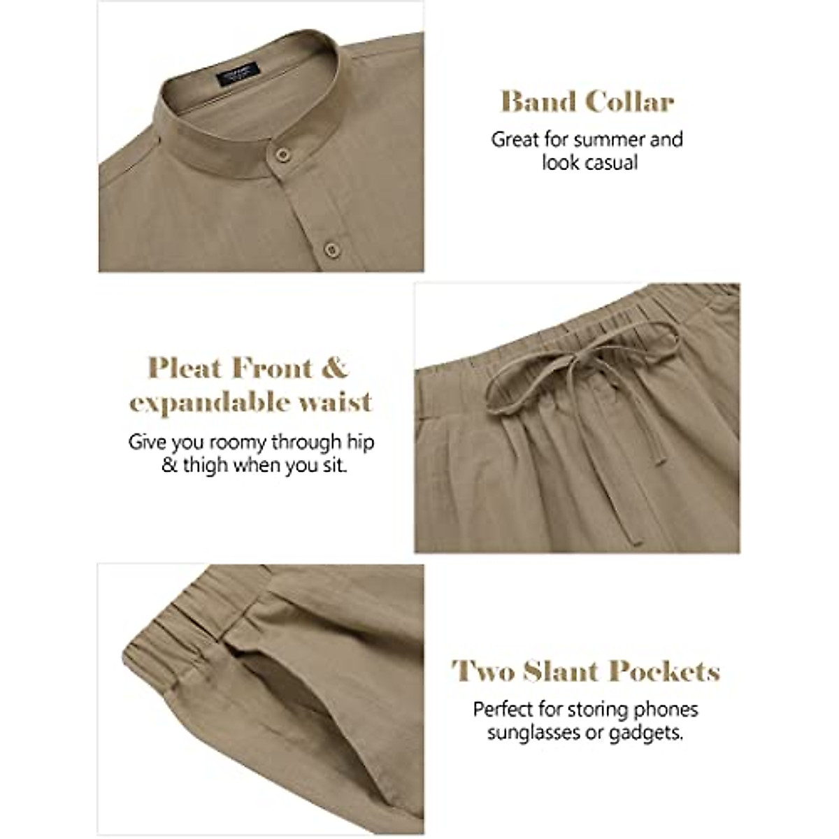 COOFANDY Linen Suits For Men 2 Piece Beach Button Down Shirt Casual Loose Pant Sets Mens Linen Beach Shirt (Khaki XL)