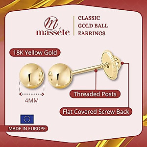 MASSETE Gold Ball Stud Earrings for Women and Girls Screwback | 10k, 14k, 18k | White Yellow or Rose Gold | 3mm 4mm 5mm | Nickel Free
