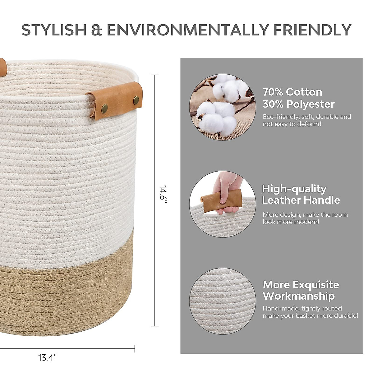 Cotton Rope Baskets for Storage, Large Woven Laundry Basket for Living Room, Decorative Nursery Hamper for Organizing Baby Toys,Clothes,Blanket,etc.