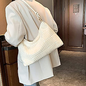 Women’s Classic moon shape clutch shoulder bag bubbled fabric Hobo handbag with zipper closure (velvet pile White)