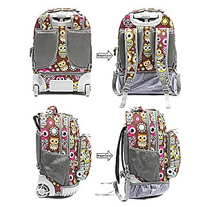 Tilami Kids Rolling Backpack 18 inch Boys and Girls Laptop Backpack, Owls