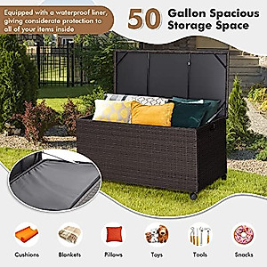 Tangkula 50 Gallon Wicker Deck Storage Box, Patio Rattan Storage Container with 2 Universal Wheels, Safety Pneumatic Rod, Zippered Liner, Sturdy Steel Frame, Ideal for Backyard, Poolside (Mix Brown)