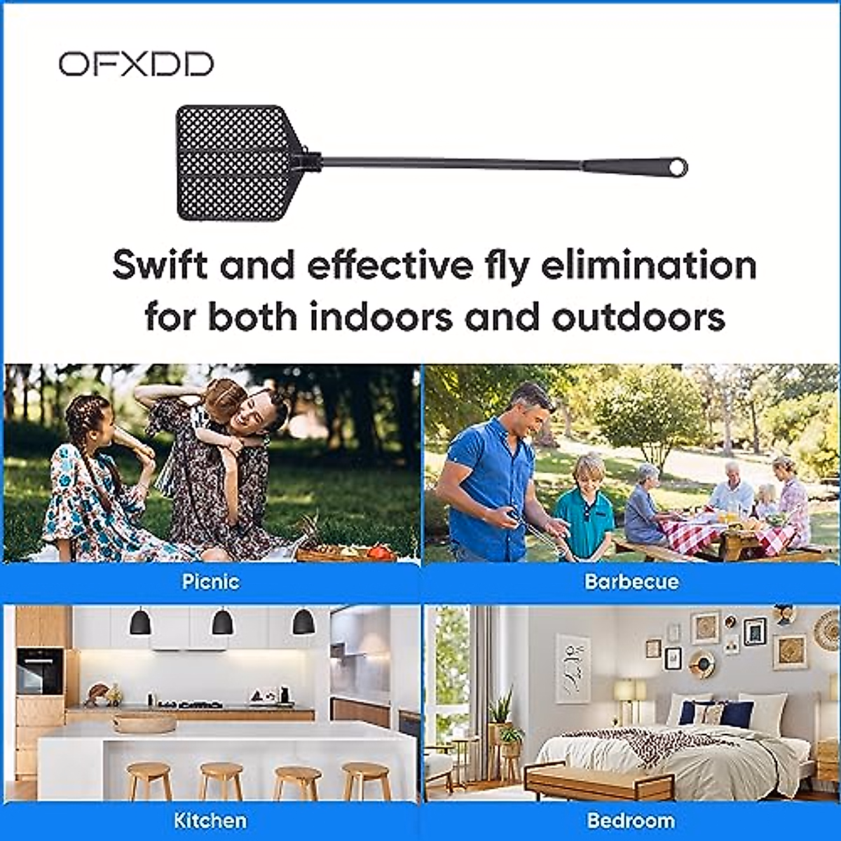 OFXDD Rubber Fly Swatter, Long Fly Swatter Pack, Fly Swatter Heavy Duty, All Black Color (5 Pack)