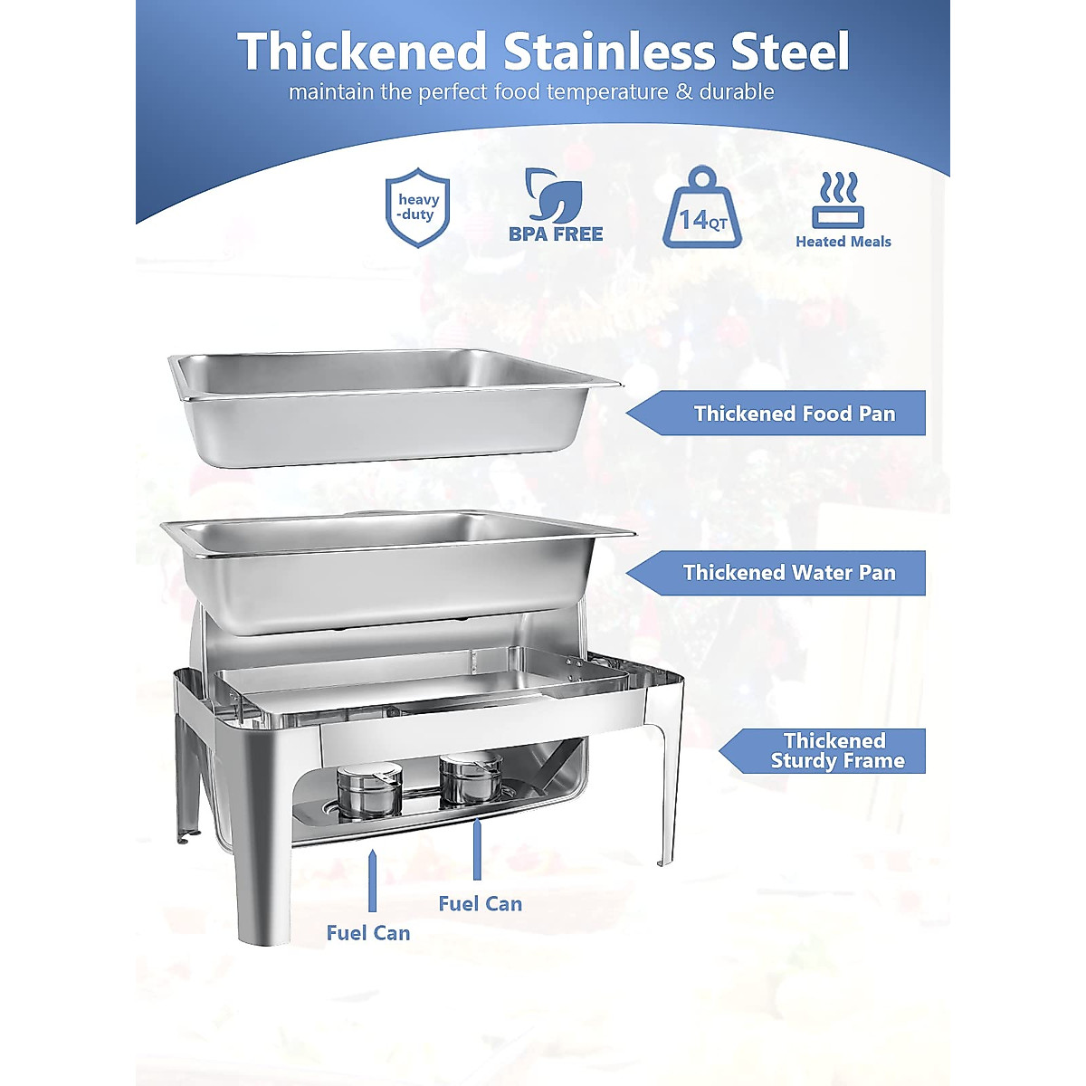 Granvell Rectangular Roll Top Chafing Dish Buffet Set, Catering Food Warmer for Parties, Wedding, Birthday, Christmas, 1 Full Size & 2 Half-Size Chafing Server Dish, 14QT Water Pan