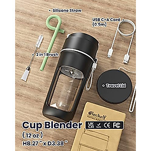 Elechelf Portable Blender for Shakes and Smoothies,Travel Blender USB Rechargeable,Cordless On the Go Blender,Personal Blender,Mini Blender,Small Blender ,Fast Fresh Juice Blender, Matte Black 12 oz 10 Blades