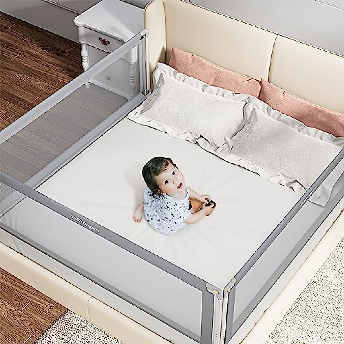 Ixdregan Bed Rail for Toddlers - Double Side Lift and Adjustable Height Bed Rails for Queen Bed, Safe & Nature Fiber Material Washable, Fits for Full-Size Bed Rail for Baby (Grey, 1 Piece, 78.7‘’)